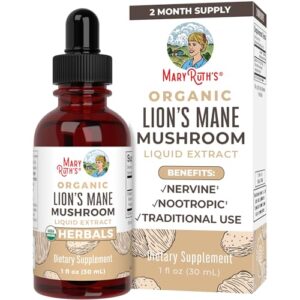 maryruth organics lions mane mushroom supplement, upto 2 month supply, nootropic usda organic lions mane extract nervine herbal liquid drops, brain health non-gmo vegan alcohol free tincture, 1 fl oz