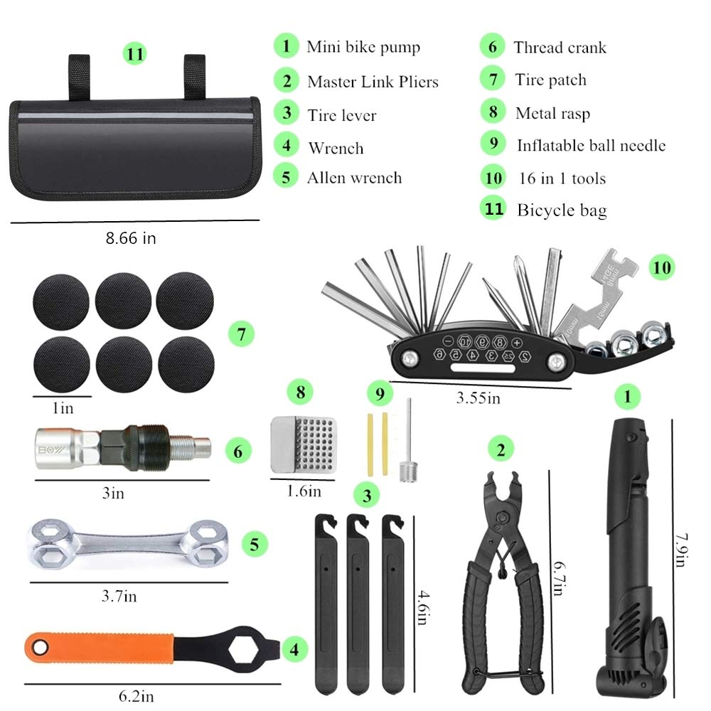 Bike Repair Tool Kit, Bicycle Tire Pump, Tire Puncture Repair Kit,Bicycle Multi-Function Tool Kit, Master Link Pliers, Crank Pull Tool, Rubber-Free Tire Patch, Bicycle Essential Bicycle Kit