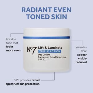 No7 Lift & Luminate Triple Action Fragrance Free Day Cream SPF 30 - Broad Spectrum Anti-Aging Face Cream - Hydrating Hibiscus Peptides & Hyaluronic Acid + Brightening Emblica & Vitamin C (1.69 Fl Oz)