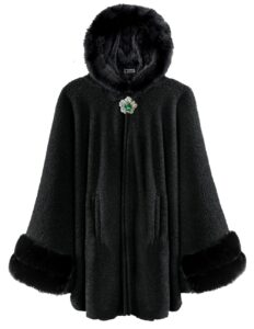 dahlia women's winter poncho cape – luxurious faux fur-trimmed, shed-free, silky touch, fleece-lined elegant cloak, black large