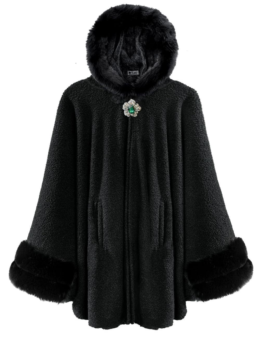 Dahlia Women's Winter Poncho Cape – Luxurious Faux Fur-Trimmed, Shed-Free, Silky Touch, Fleece-Lined Elegant Cloak, Black Large