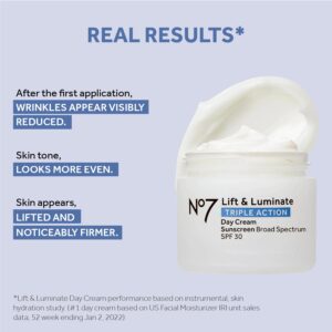 No7 Lift & Luminate Triple Action Fragrance Free Day Cream SPF 30 - Broad Spectrum Anti-Aging Face Cream - Hydrating Hibiscus Peptides & Hyaluronic Acid + Brightening Emblica & Vitamin C (1.69 Fl Oz)