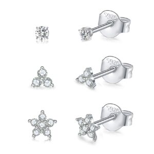 sterling silver stud earrings for women, 3 pairs tiny flower earrings set, small cubic zirconia helix earrings dainty tragus cartilage studs cherry blossom ear piercing jewelry gifts for teens