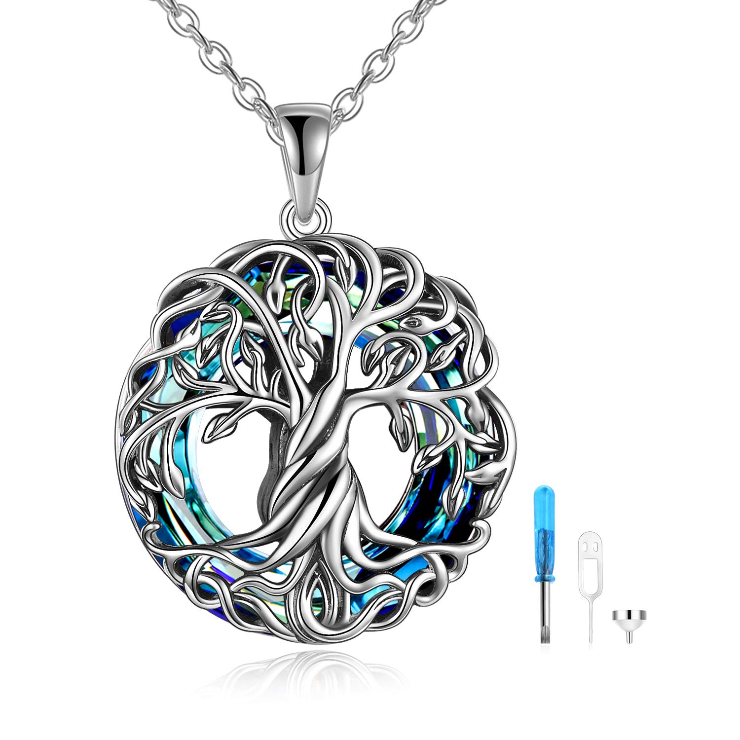 TOUPOP Tree of Life Urn Necklace for Ashes Sterling Silver Cremation Necklace Memorial Keepsake Locket with Blue Circle Crystal w/Funnel Filler Cremation Jewelry Gifts for Women Girls