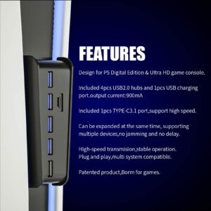 PS5 USB Hub, PS5 USB HUB Adapter with 4 USB 2.0 Ports - Black