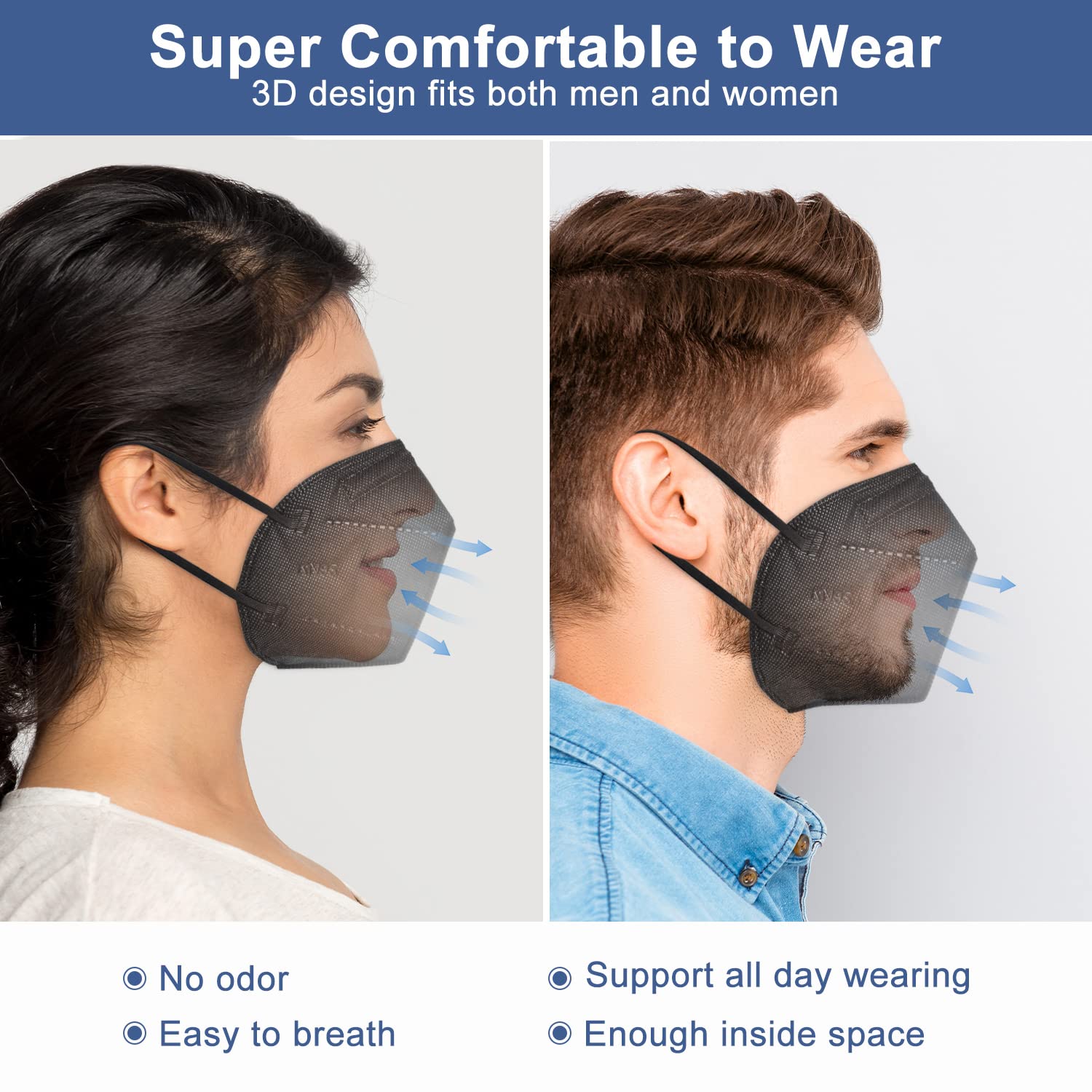 BLScode KN95 Face Mask 60 Pack, Individually Wrapped 5-Layer Breathable Mask with Comfortable Elastic Ear Loops, Filter Efficiency≥95%