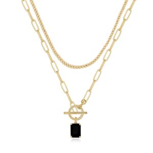 gold layered necklaces for women, 14k gold plated cuban link chain choker necklaces toggle necklace dainty black crystal square pendant necklace boho style jewelry gold layered necklaces for women