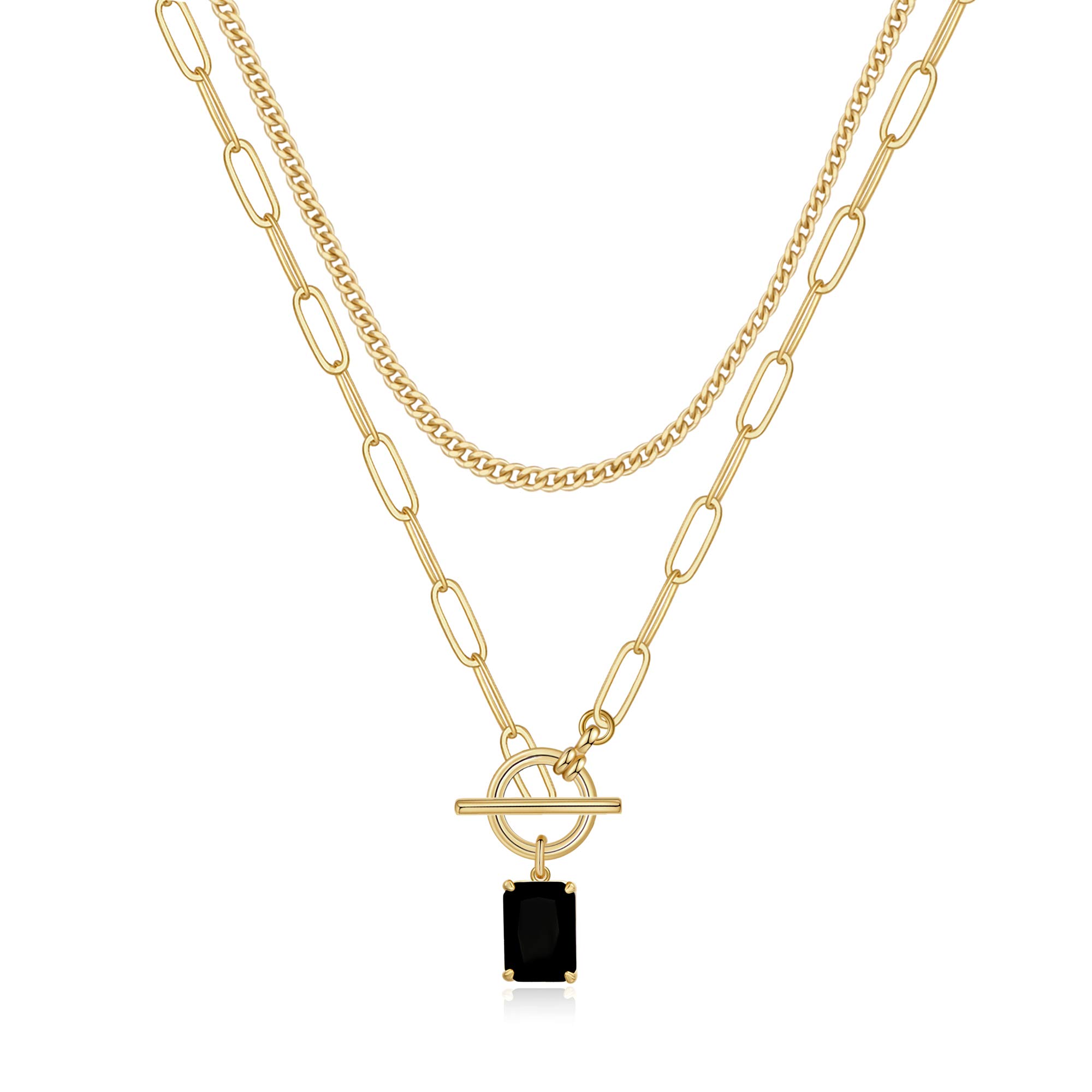 Gold Layered Necklaces for Women, 14K Gold Plated Cuban Link Chain Choker Necklaces Toggle Necklace Dainty Black Crystal Square Pendant Necklace Boho Style Jewelry Gold Layered Necklaces for Women