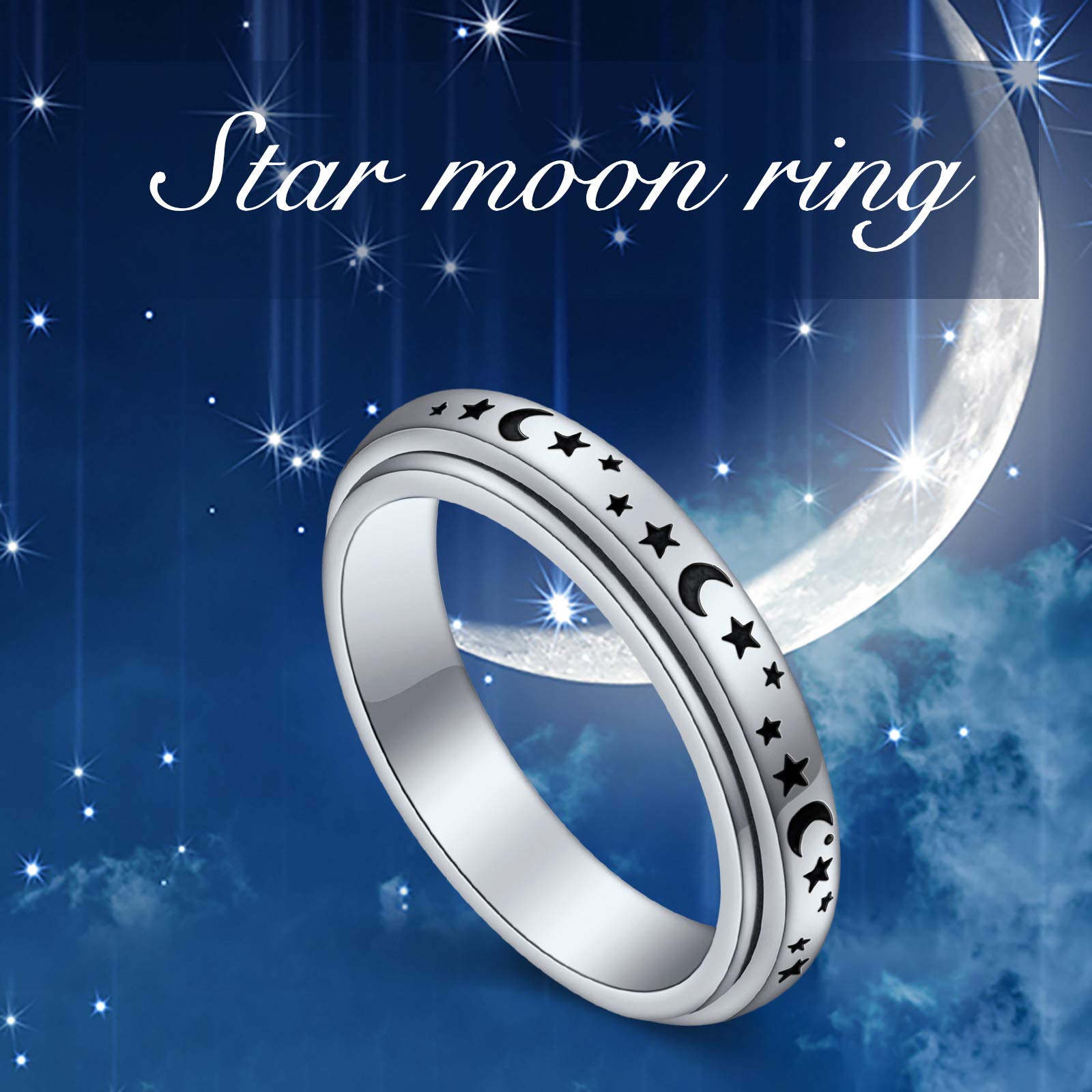 S925 Sterling Silver Spinner Fidget Anxiety Worry Relieving Boredom ADHD Autism Band Spin Rings Moon Stars Jewelry Men Women