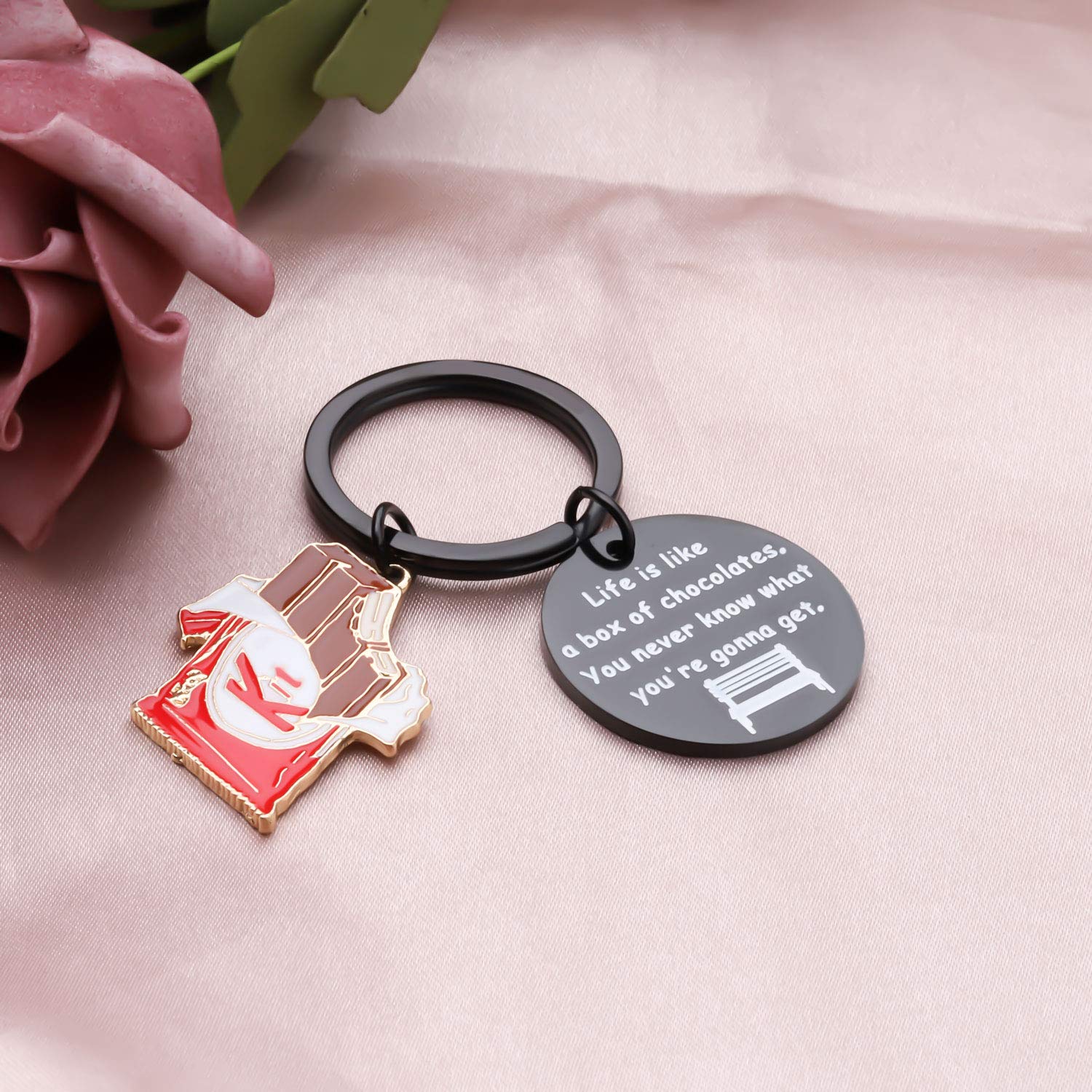 FUSTMW Movie Inspired Keychain Movie Lover Gifts Life is Like a Box of Chocolates Keychain Inspiration Jewelry Gift (black)