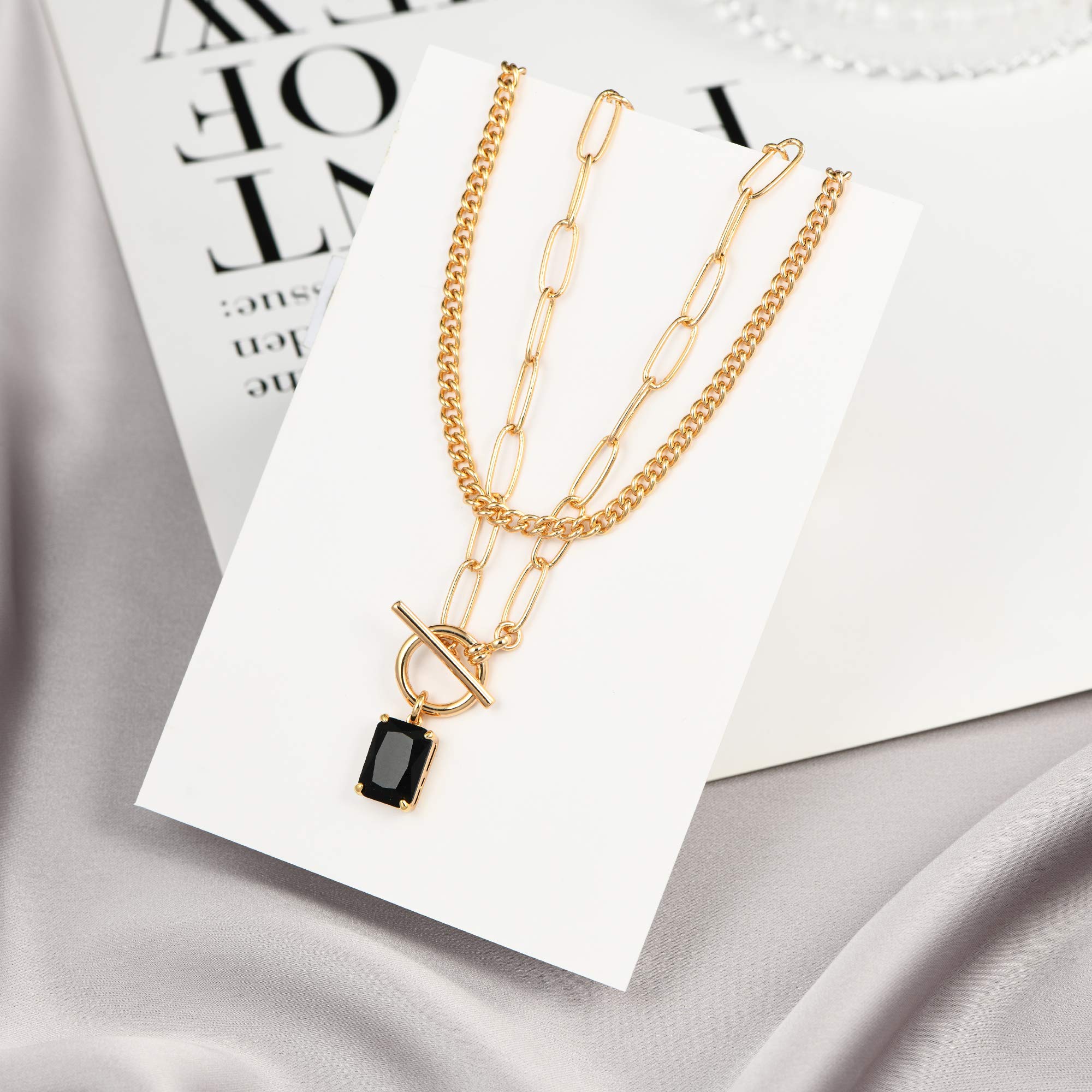 Gold Layered Necklaces for Women, 14K Gold Plated Cuban Link Chain Choker Necklaces Toggle Necklace Dainty Black Crystal Square Pendant Necklace Boho Style Jewelry Gold Layered Necklaces for Women