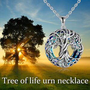 TOUPOP Tree of Life Urn Necklace for Ashes Sterling Silver Cremation Necklace Memorial Keepsake Locket with Blue Circle Crystal w/Funnel Filler Cremation Jewelry Gifts for Women Girls