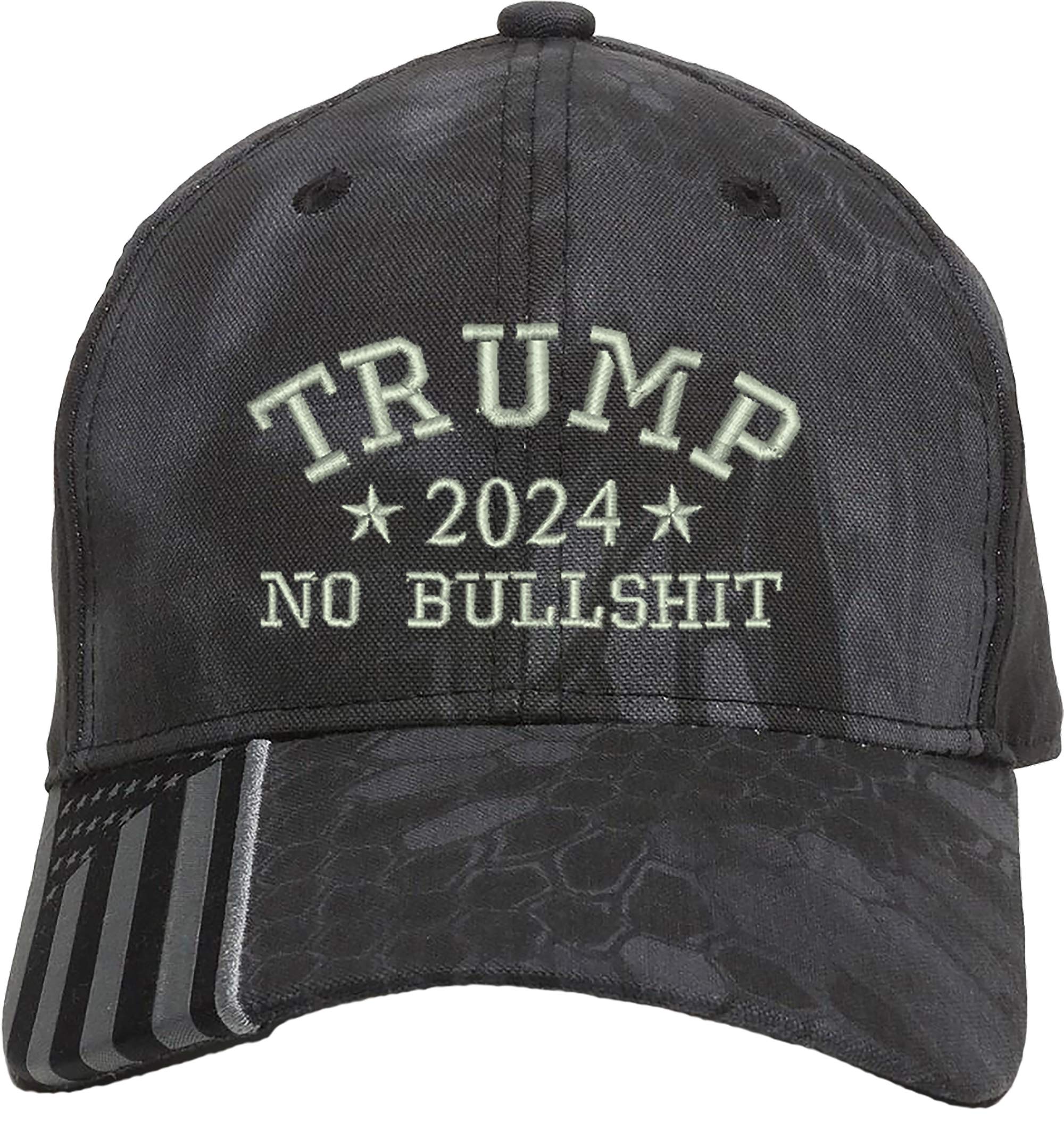 Trump 2024 1Color No Bullshit Embroidered Structured Adjustable One Size Fits All US Flag on Bill Hat (Kryptek Silver)