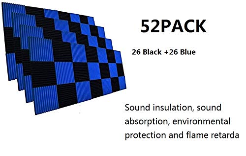 YDHTDLHC 52 Pack sound proof foam panels for walls studio equipment foam 12 ″; X12”；X1〃； Sound insulation cotton, suitable for churches, anchor rooms, karaoke halls, and home theaters (Black/Blue)