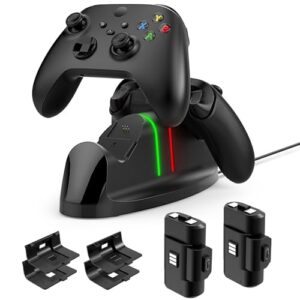 auarte controller charger for xbox one/series x|s/elite controller, dual charging station dock with 2x1400mah(3360mwh) rechargeable battery packs & 4 covers for xbox one/s/elite/core controller