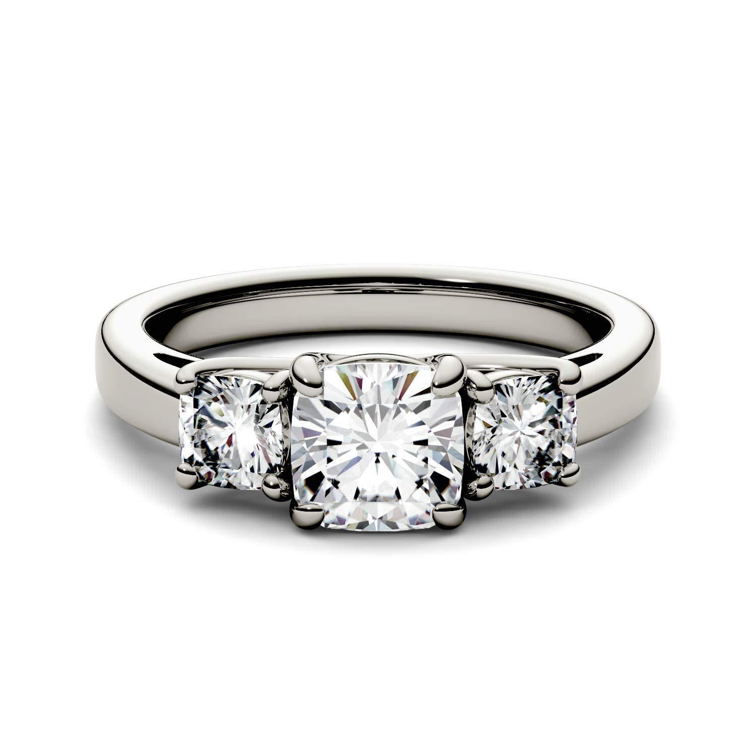 14K White Gold Moissanite by Charles & Colvard 6mm Cushion Trellis Three Stone Engagement Ring-size 8.5 1.76cttw DEW