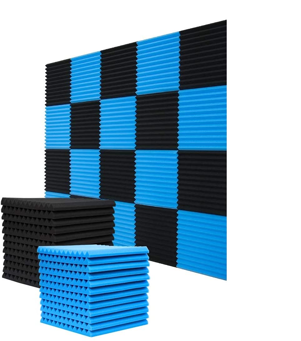 YDHTDLHC 52 Pack sound proof foam panels for walls studio equipment foam 12 ″; X12”；X1〃； Sound insulation cotton, suitable for churches, anchor rooms, karaoke halls, and home theaters (Black/Blue)