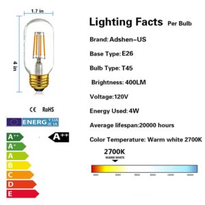 Adshen-US T14 / T45 LED Tubular Bulb 4W 2700K Warm White,E26 Dimmable Vintage Bulb,40W Equivalent 400 Lumens, Antique Edison Style LED Filament Light Bulbs,Pack of 6