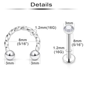 Dyknasz 40Pcs Surgical Steel Lip Rings Clear Diamond CZ Labret Studs Tragus Horseshoe Ring Helix Hoop Earring Body Jewelry Piercing Retainer for Women Men 16 Gauge 8mm Silver-tone