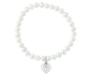 blue ocean pearls .925 sterling silver & 6mm-6.5mm aaaa round white & pink freshwater cultured pearl bride & bridesmaid stretch strand charm bracelet with heart charm - 7" (white)