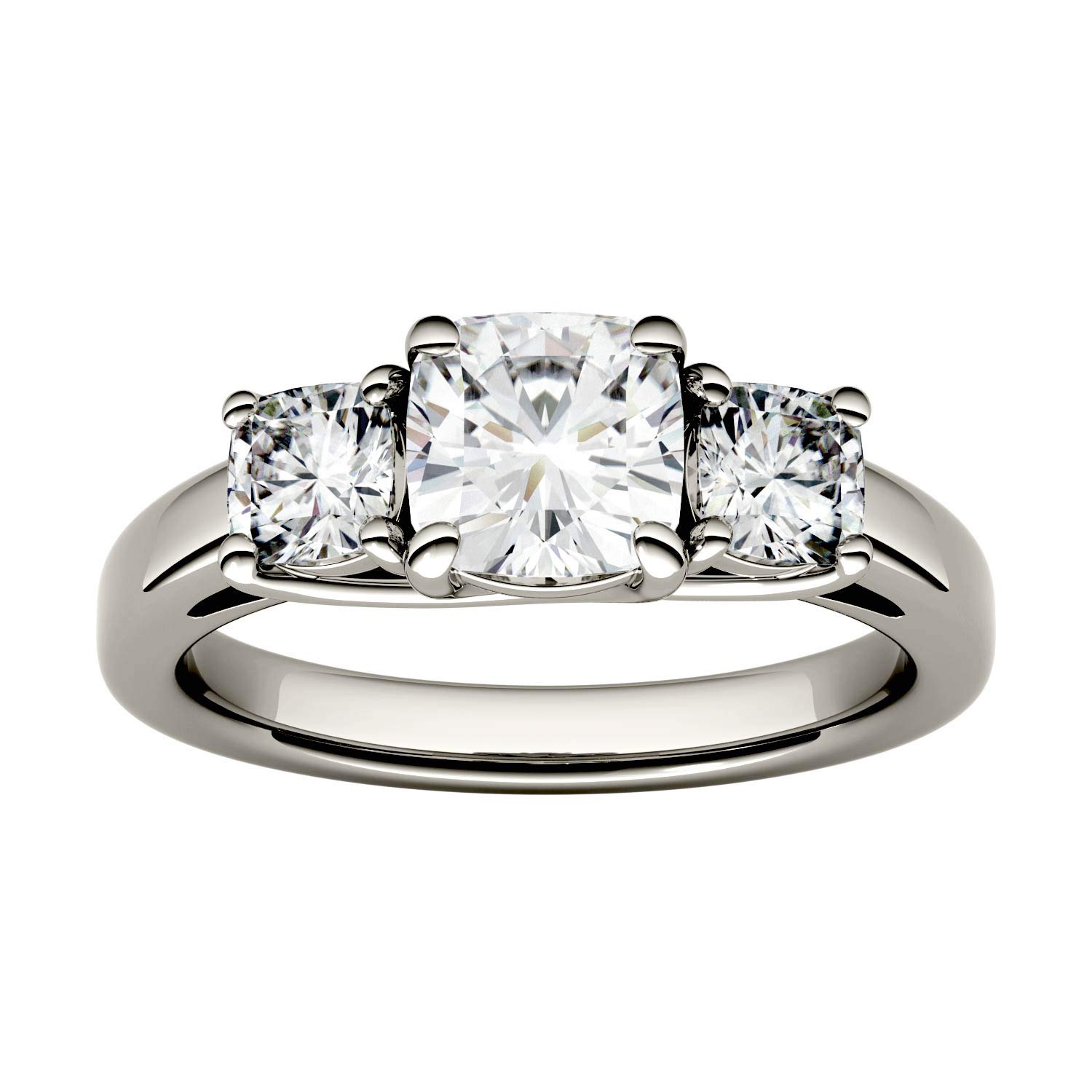 14K White Gold Moissanite by Charles & Colvard 6mm Cushion Trellis Three Stone Engagement Ring-size 8.5 1.76cttw DEW