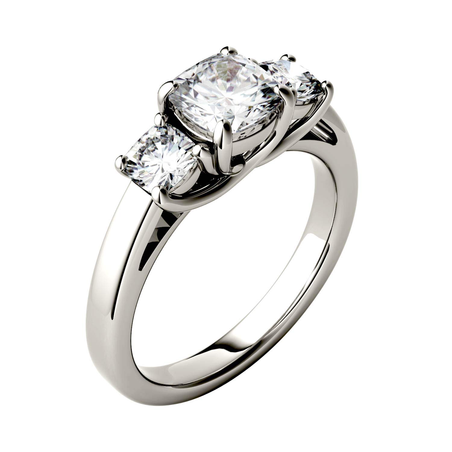 14K White Gold Moissanite by Charles & Colvard 6mm Cushion Trellis Three Stone Engagement Ring-size 8.5 1.76cttw DEW