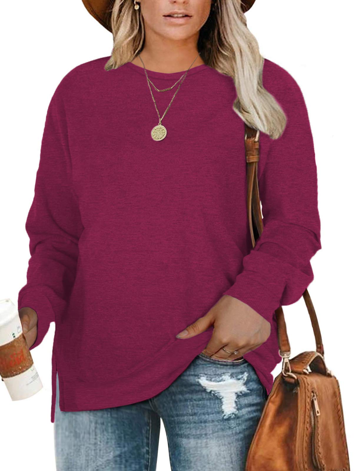 DOLNINE Plus Size Sweatshirts for Women Fall Winter Shirts Tunics Maroon-16W