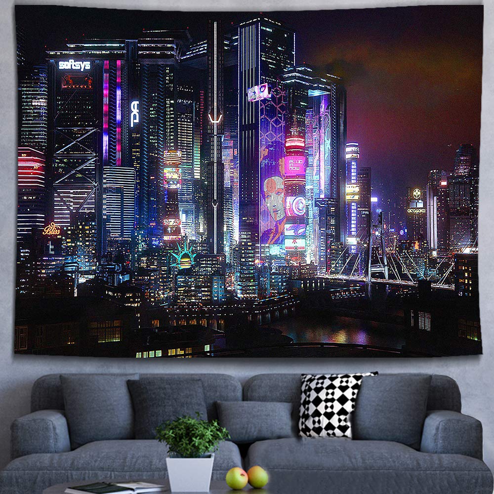 Ine Ive City Night View Tapestry, Neon Urban Building River View Art Tapestry Wall Hanging 80x60 Inch Living Room Dorm Decoration Aesthetic Tapestry GTZFIE1197