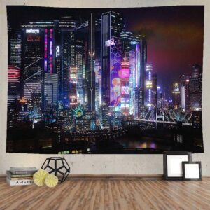 ine ive city night view tapestry, neon urban building river view art tapestry wall hanging 80x60 inch living room dorm decoration aesthetic tapestry gtzfie1197