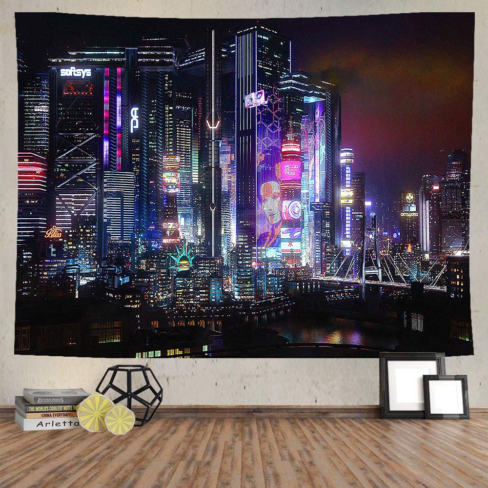 Ine Ive City Night View Tapestry, Neon Urban Building River View Art Tapestry Wall Hanging 80x60 Inch Living Room Dorm Decoration Aesthetic Tapestry GTZFIE1197