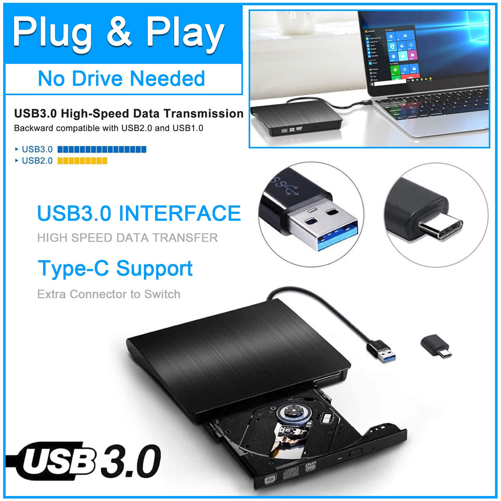 Actpe USB 3.0/Type-C Slim External DVD RW CD Writer Drive Burner Reader Player Optical Drives for Laptop PC