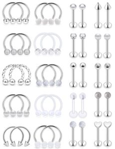 dyknasz 40pcs surgical steel lip rings clear diamond cz labret studs tragus horseshoe ring helix hoop earring body jewelry piercing retainer for women men 16 gauge 8mm silver-tone