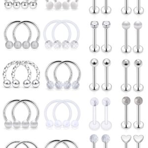 Dyknasz 40Pcs Surgical Steel Lip Rings Clear Diamond CZ Labret Studs Tragus Horseshoe Ring Helix Hoop Earring Body Jewelry Piercing Retainer for Women Men 16 Gauge 8mm Silver-tone