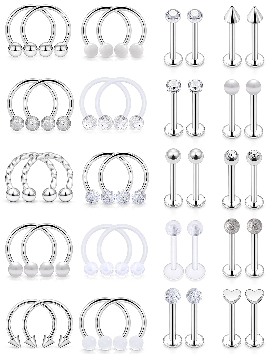 Dyknasz 40Pcs Surgical Steel Lip Rings Clear Diamond CZ Labret Studs Tragus Horseshoe Ring Helix Hoop Earring Body Jewelry Piercing Retainer for Women Men 16 Gauge 8mm Silver-tone