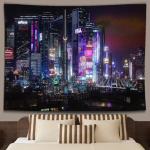 Ine Ive City Night View Tapestry, Neon Urban Building River View Art Tapestry Wall Hanging 80x60 Inch Living Room Dorm Decoration Aesthetic Tapestry GTZFIE1197