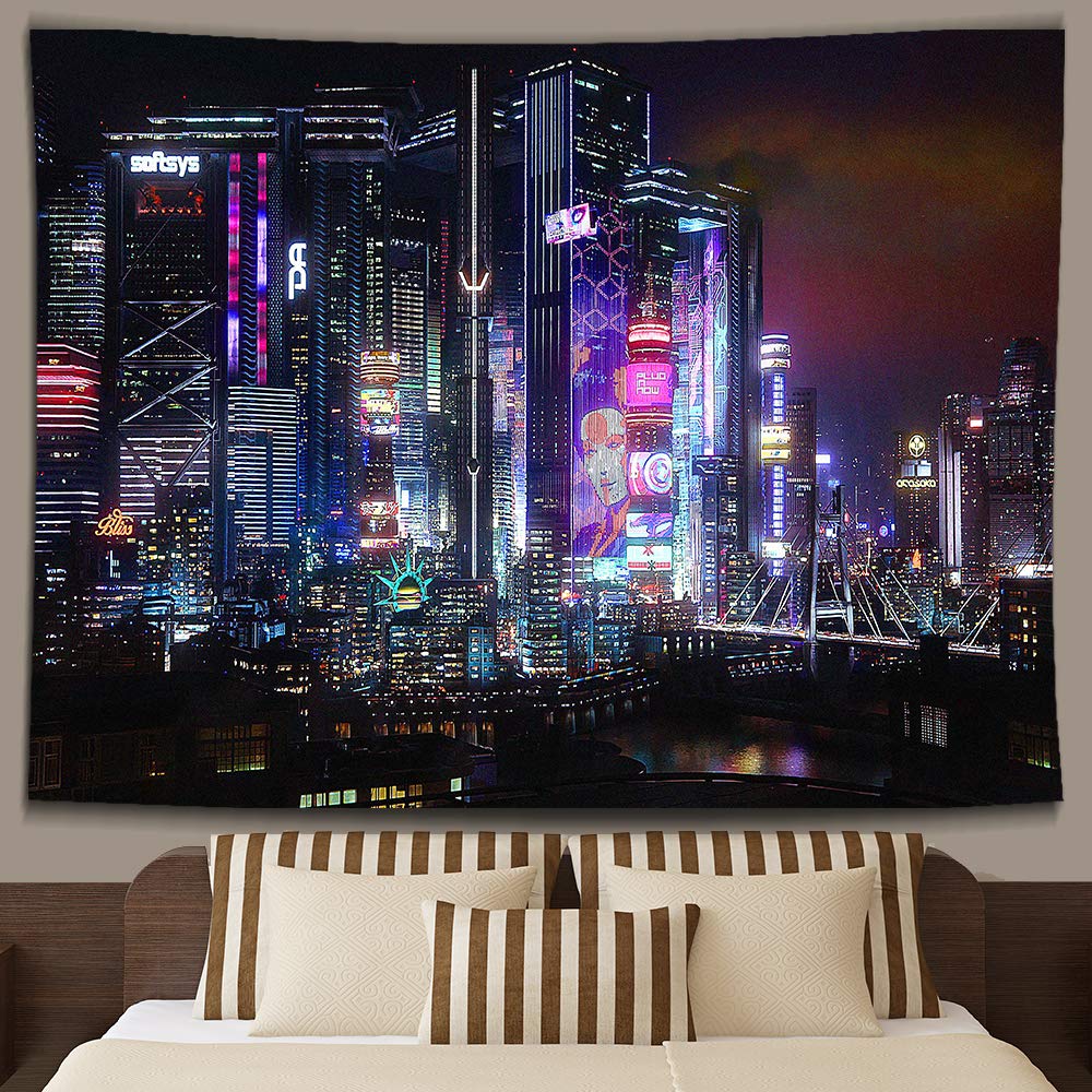 Ine Ive City Night View Tapestry, Neon Urban Building River View Art Tapestry Wall Hanging 80x60 Inch Living Room Dorm Decoration Aesthetic Tapestry GTZFIE1197