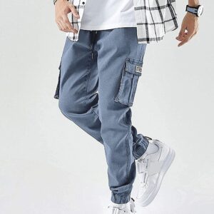 XYXIONGMAO Streetwear Hip Hop Cargo Joggers Pants for Men Denim Overalls Sports Harness Feet Harlan Casual Trousers (Black, S)