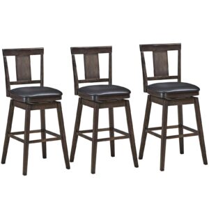 costway bar stools set of 3, 360 degree swivel, wooden bar height bar stool, leather padded seat, single slat back & solid rubber wood legs, upholstered stool for dining and living room (3, 29)