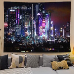 Ine Ive City Night View Tapestry, Neon Urban Building River View Art Tapestry Wall Hanging 80x60 Inch Living Room Dorm Decoration Aesthetic Tapestry GTZFIE1197