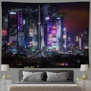 Ine Ive City Night View Tapestry, Neon Urban Building River View Art Tapestry Wall Hanging 80x60 Inch Living Room Dorm Decoration Aesthetic Tapestry GTZFIE1197