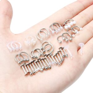 Dyknasz 40Pcs Surgical Steel Lip Rings Clear Diamond CZ Labret Studs Tragus Horseshoe Ring Helix Hoop Earring Body Jewelry Piercing Retainer for Women Men 16 Gauge 8mm Silver-tone