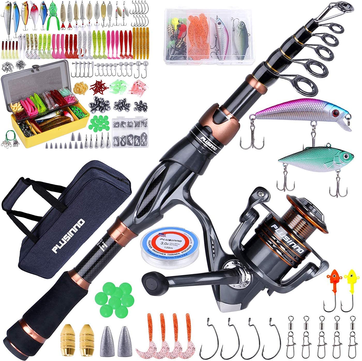 PLUSINNO Telescopic Fishing Rod and Reel Combo(1.98M 6.49FT),302Pcs Fishing Tackle Kit Set Including Crankbaits, Plastic Worms, Jig Hooks, Topwater Lures, Fishing Weights, Tackle Box