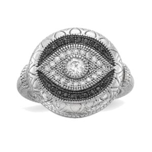 bonyak jewelry solid sterling silver rhodium-plated black and white cz evil eye ring in size 8