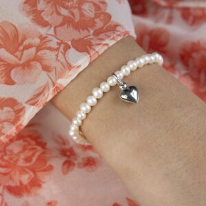 Blue Ocean Pearls .925 Sterling Silver & 6mm-6.5mm AAAA Round White & Pink Freshwater Cultured Pearl Bride & Bridesmaid Stretch Strand Charm Bracelet with Heart Charm - 7" (White)