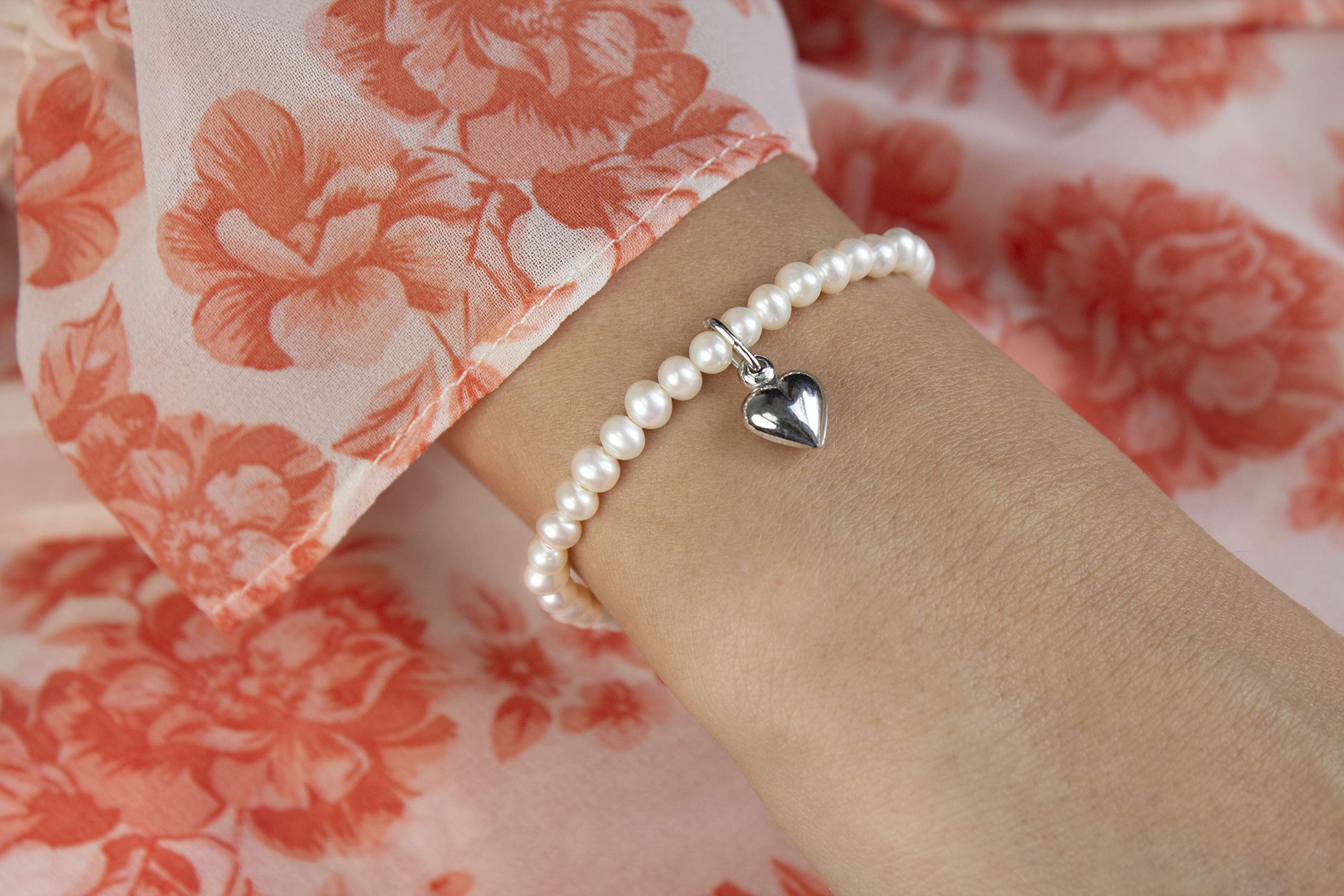 Blue Ocean Pearls .925 Sterling Silver & 6mm-6.5mm AAAA Round White & Pink Freshwater Cultured Pearl Bride & Bridesmaid Stretch Strand Charm Bracelet with Heart Charm - 7" (White)