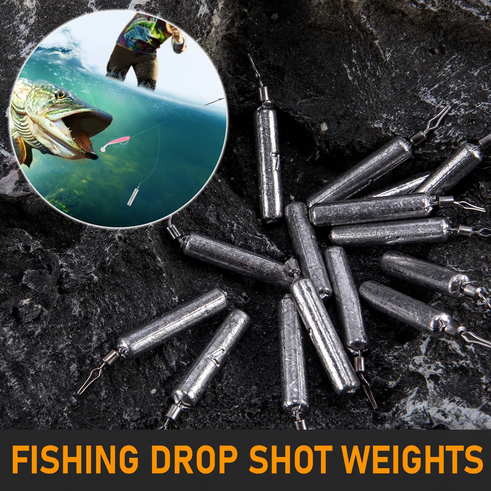 Dr.Fish 50 Pack Fishing Drop Shot Weights Lead Skinny Sinkers with Barrel Swivels Weedless Drop Shot Fitness Rig 1/4oz