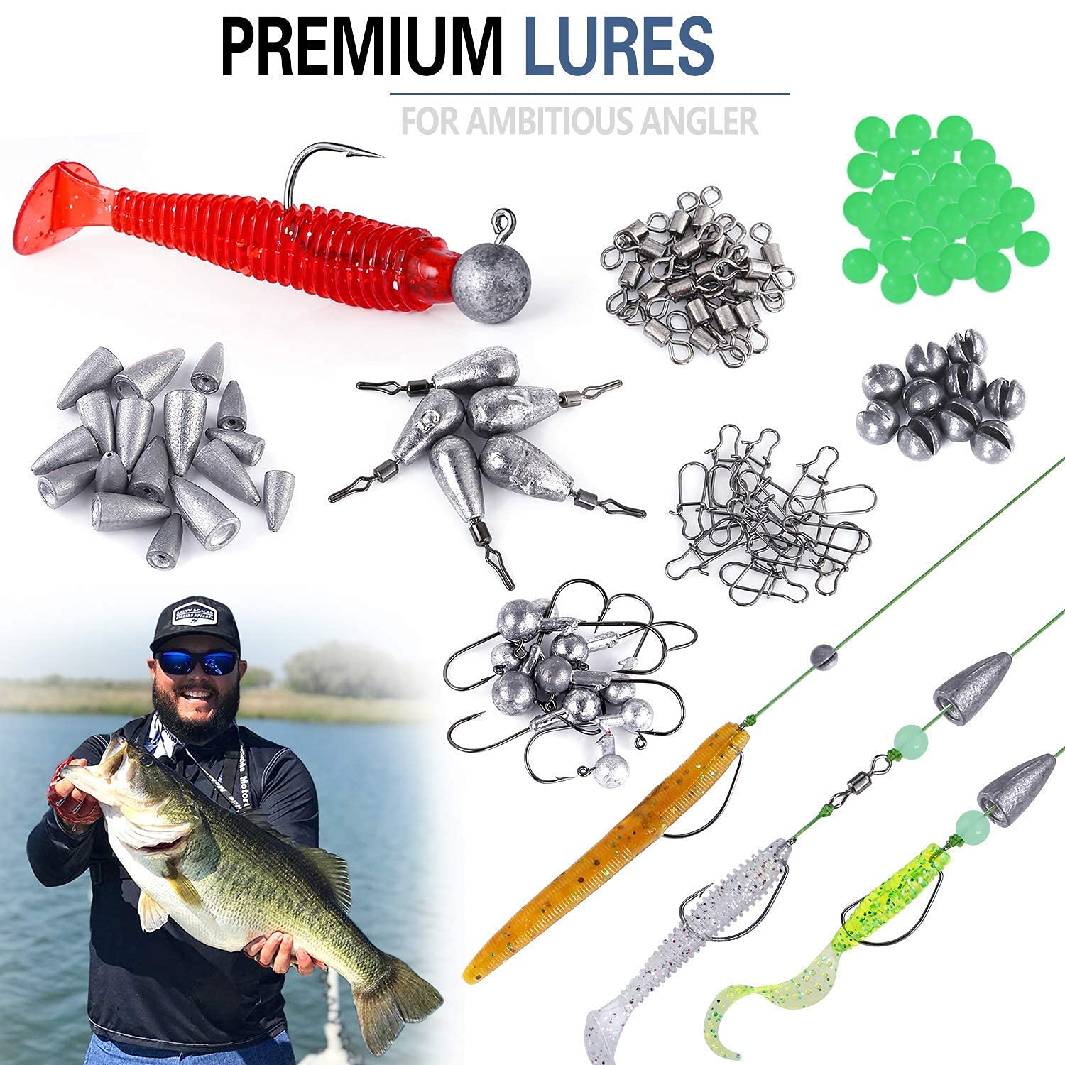 PLUSINNO Telescopic Fishing Rod and Reel Combo(1.98M 6.49FT),302Pcs Fishing Tackle Kit Set Including Crankbaits, Plastic Worms, Jig Hooks, Topwater Lures, Fishing Weights, Tackle Box