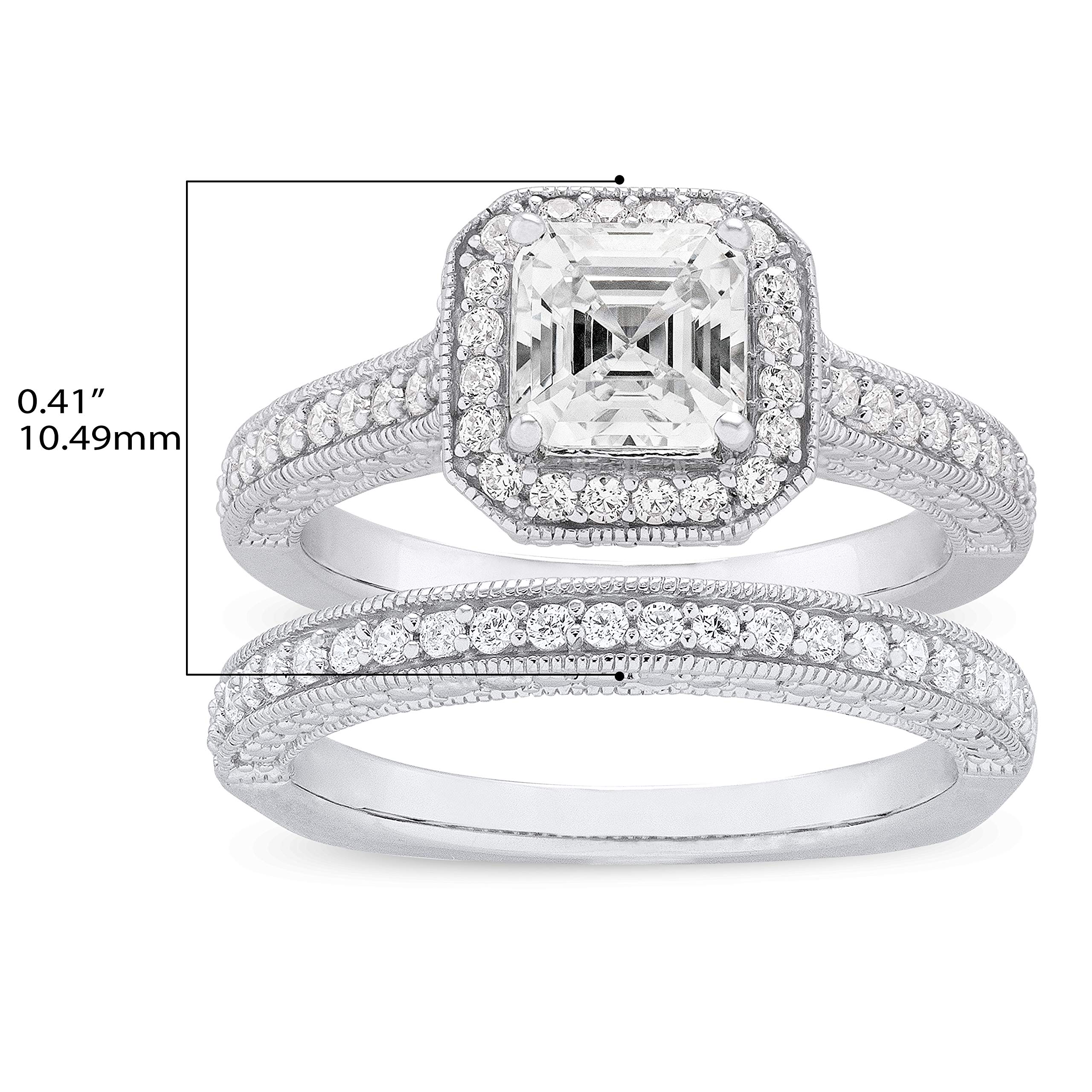 Lexi and Rose .925 Sterling Silver & Asscher Cut Cubic Zirconia with Halo Cathedral Style Engagement Ring and Half Eternity Style Wedding Band Bridal Set - Size 6