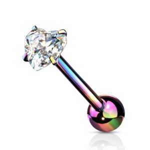 amelia fashion 14 gauge prong set heart cz 316l surgical steel barbell tongue rings (choose color) (rainbow/clear)