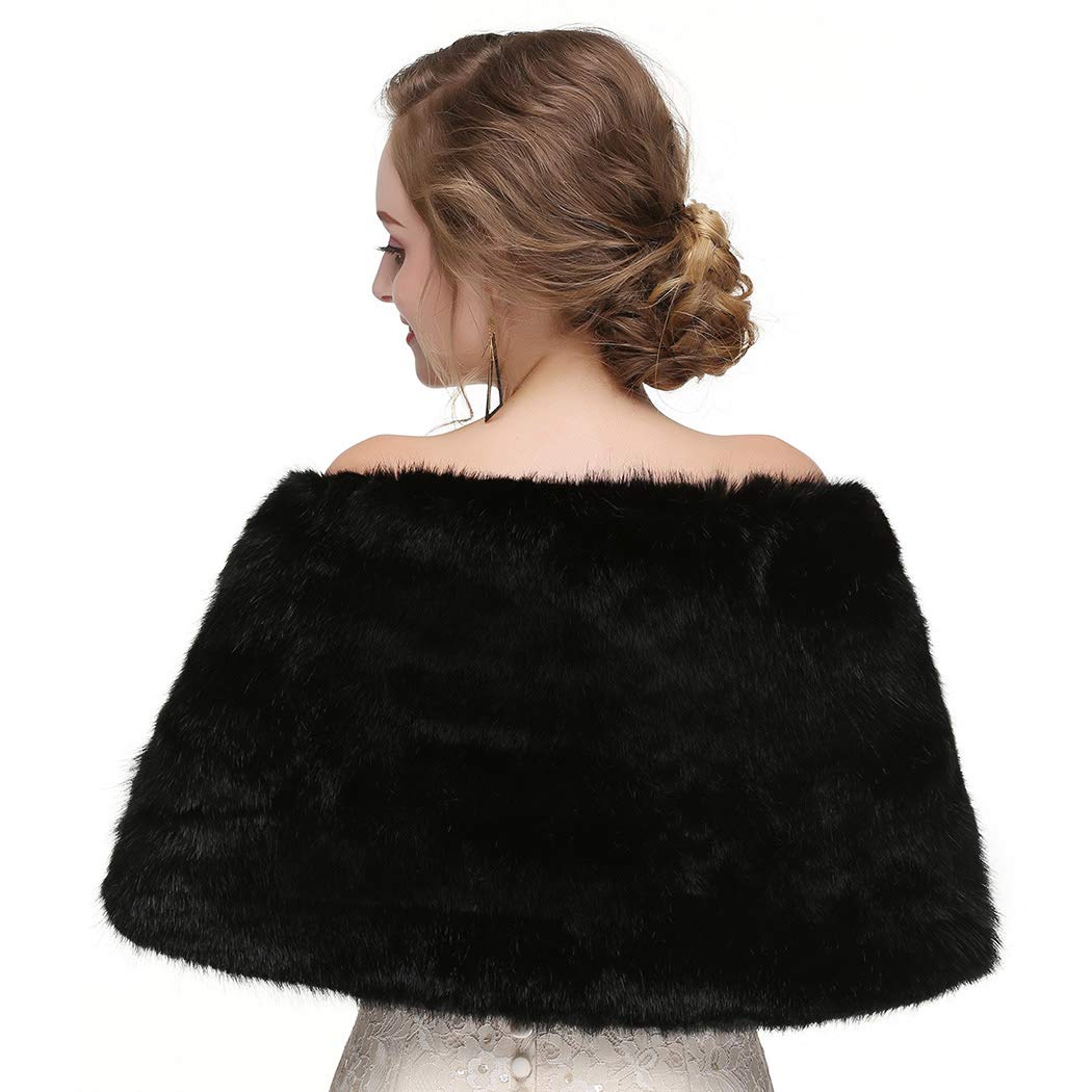 Haloty Women Bride Wedding Faux Fur Shawl 1920s Fur Stole Bridal Fur Shawls and Wraps Wedding Faux Fur Stole Fur Capelet Fur Cape Fur Shrug for Women and Girls(Black)